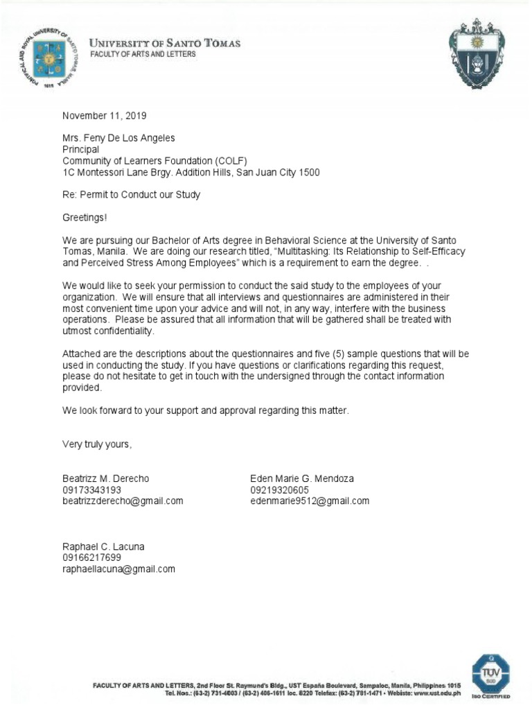 PERMIT TO CONDUCT THE STUDY - Sample | PDF | Applied Psychology ...