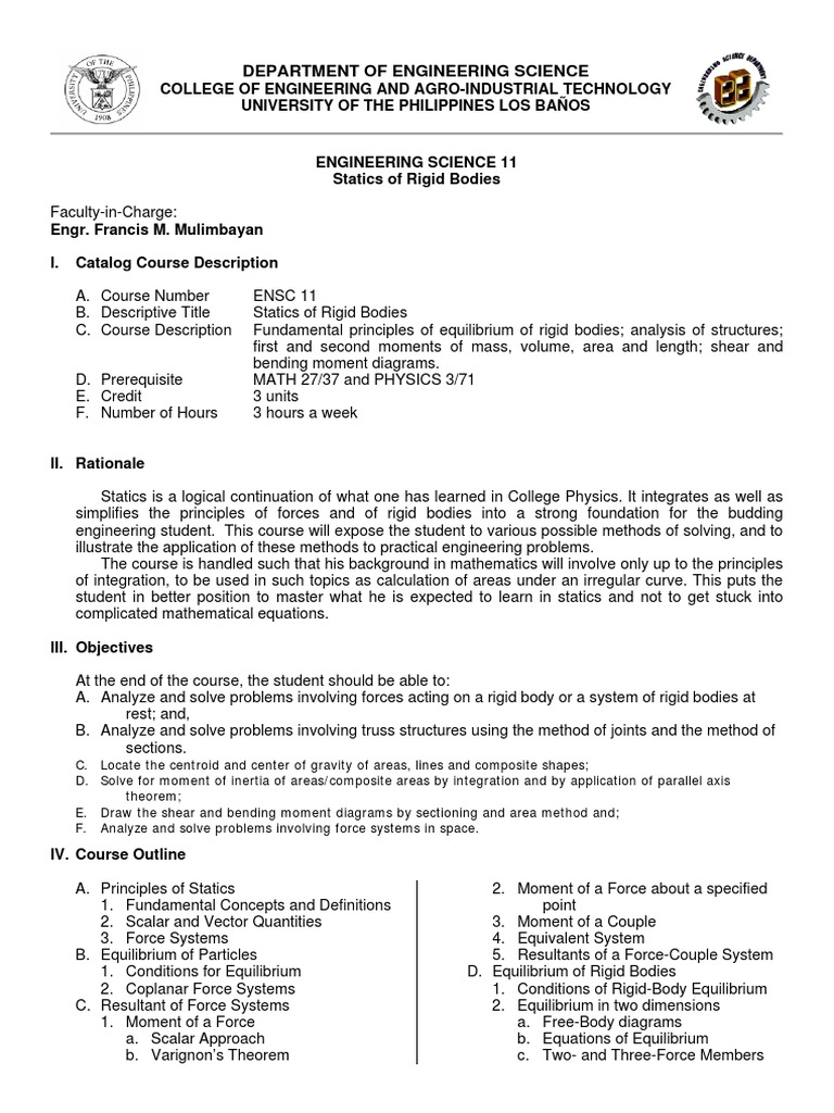 ENSC 11 Course Outline 2nd Sem 2015-16 | PDF | Torque | Force