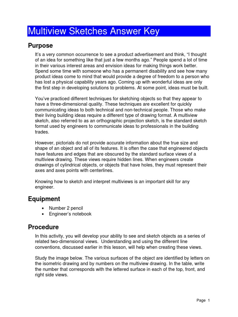 Multiview Sketches Answer Key: Purpose | PDF | Engineer | Drawing
