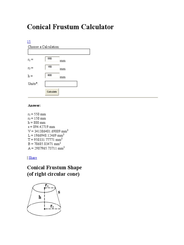 Conical Frustum Calculator | PDF | Area | Geometry
