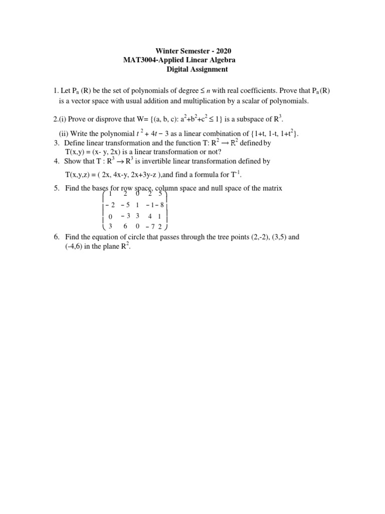 Winter Semester - 2020 MAT3004-Applied Linear Algebra Digital ...