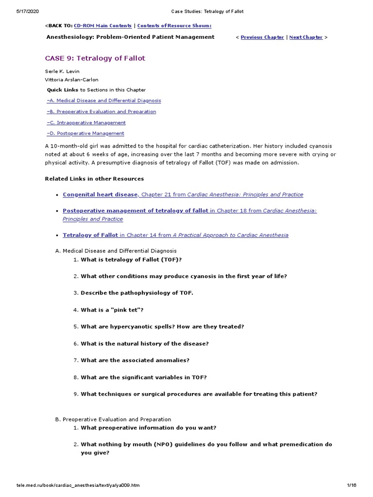 Case Studies - Tetralogy of Fallot | PDF | Anesthesia | Heart