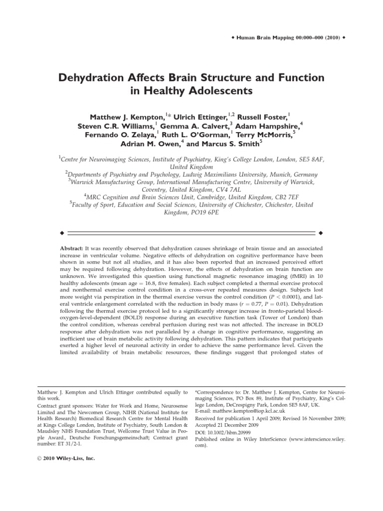 Dehydration's Impact on Adolescent Brain Function | PDF | Functional ...
