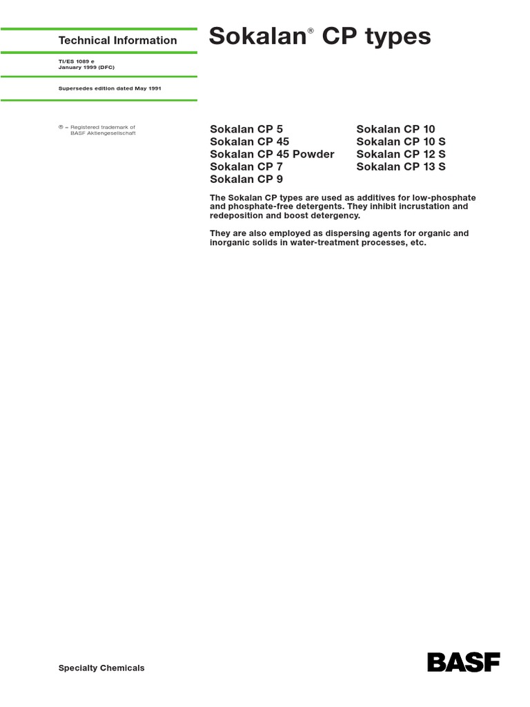 Sokalan CP Types: Technical Information | PDF | Salt (Chemistry ...