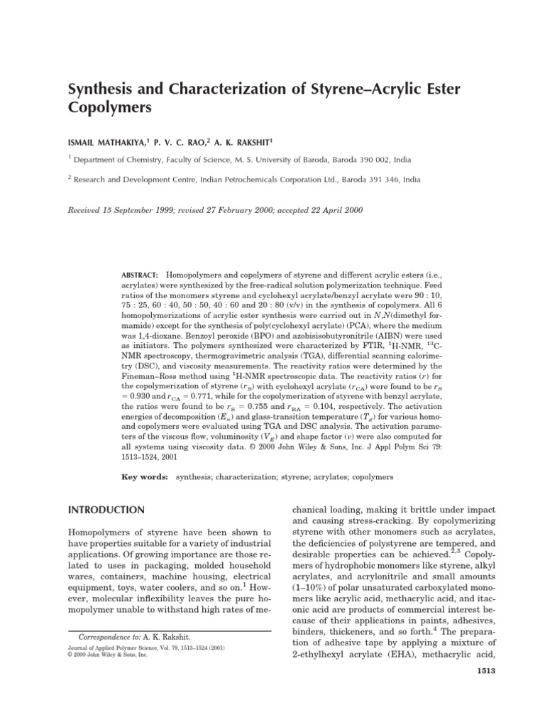 Synthesis and Characterization of Styrene-Acrylic Ester Copolymers ...