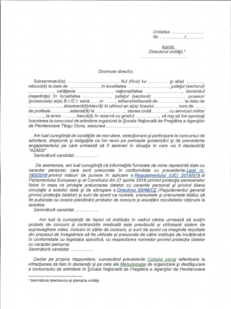 Model Cerere Înscriere SNPAP TG OCNA | PDF