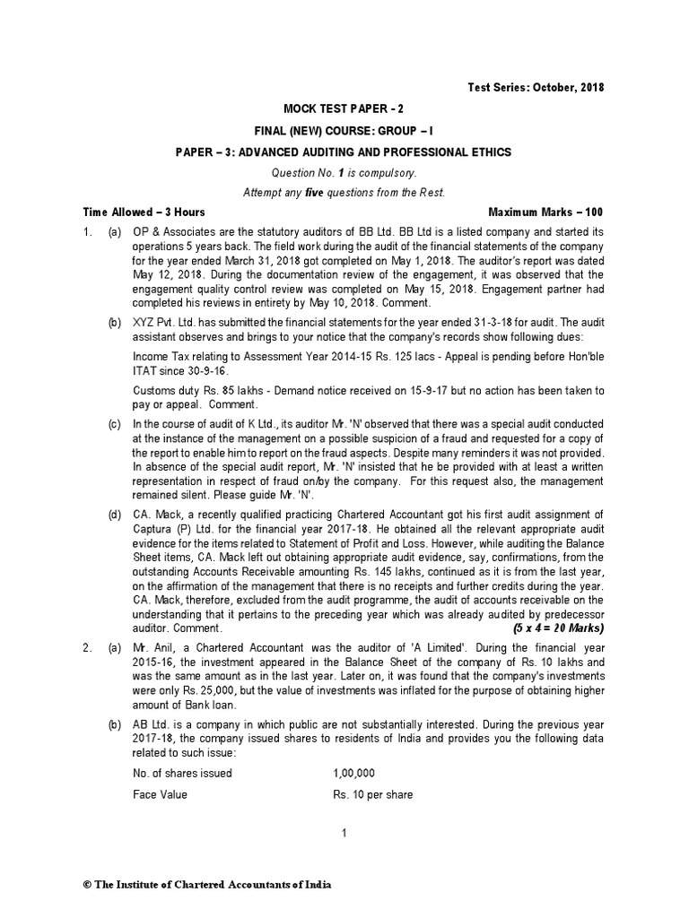 Test Series: October, 2018 Mock Test Paper - 2 Final (New) Course ...