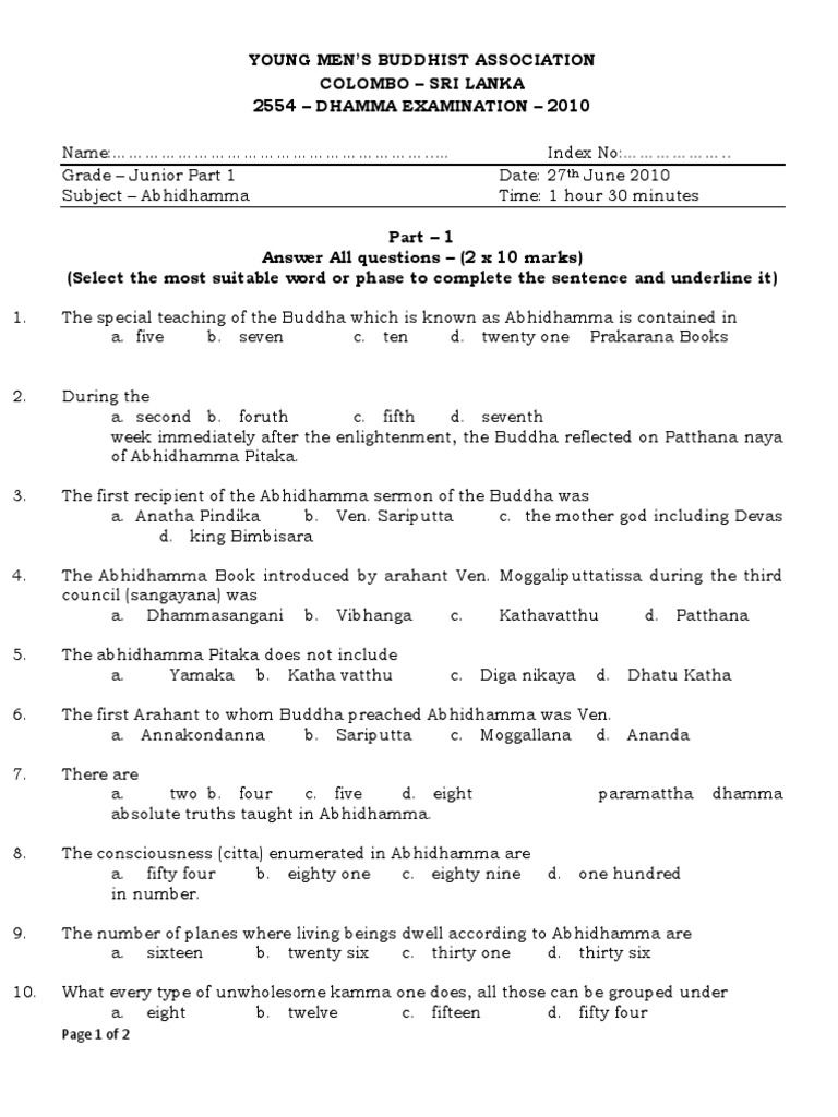 Junior Part 1 Abhidhamma 2010 | PDF | Gautama Buddha | Buddhist Philosophy