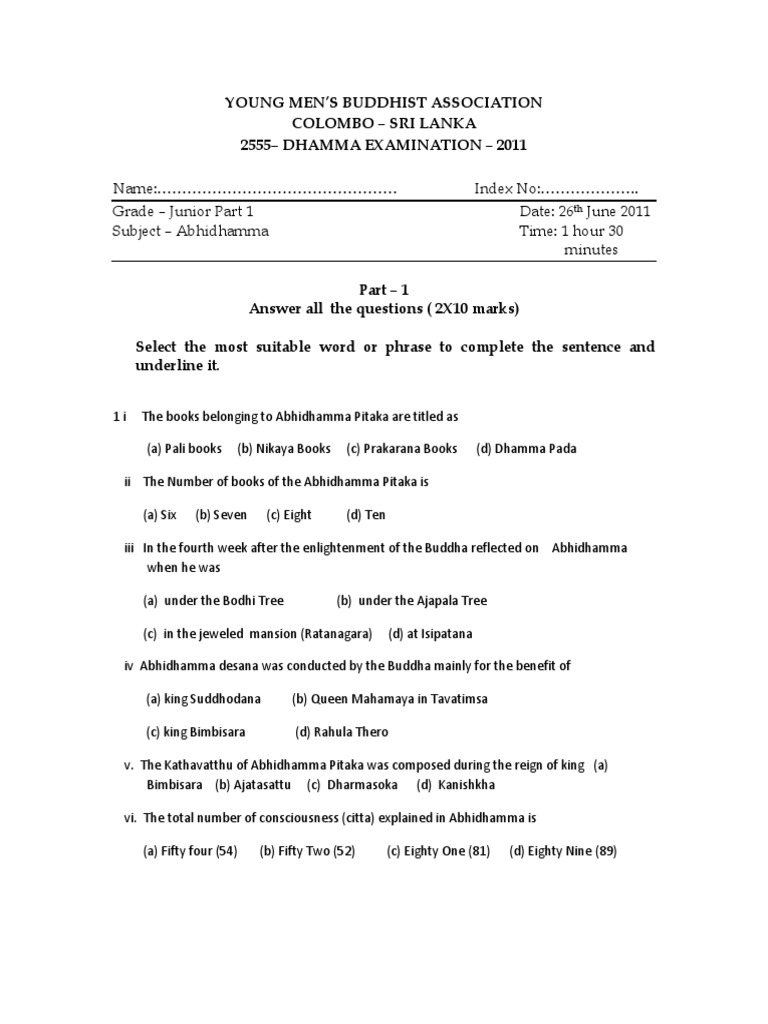 Abhidhamma Examination Junior Part 1 | PDF | Indian Philosophy | Nāstika