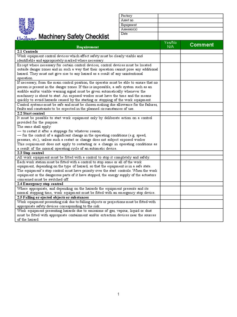 Machinery Safety Checklist: Comment | PDF | Risk | Safety