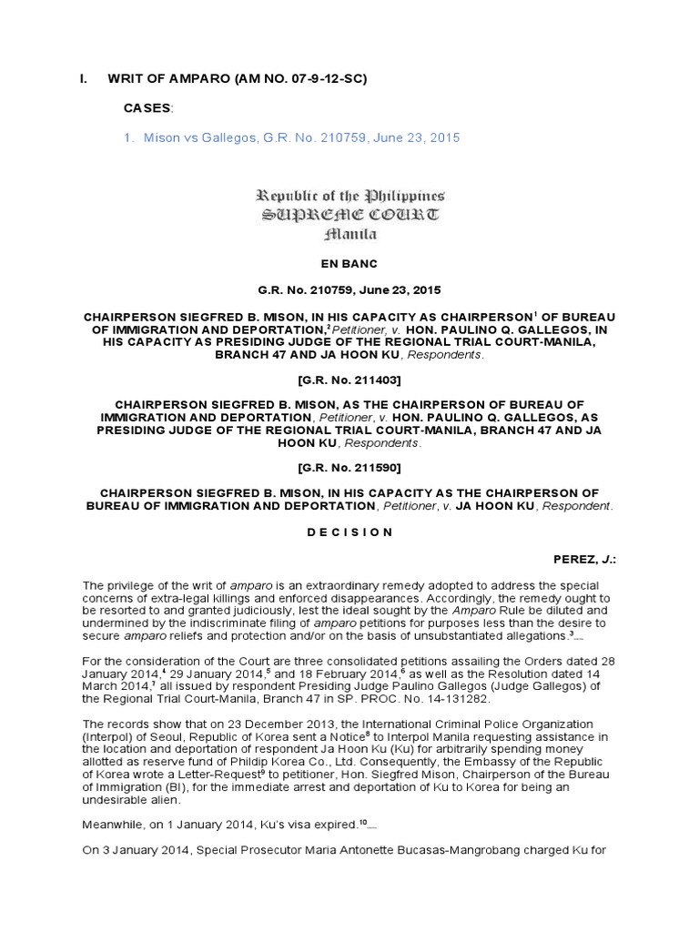 Jurisprudence Writ of Amparo | PDF | Writ Of Prohibition | Injunction