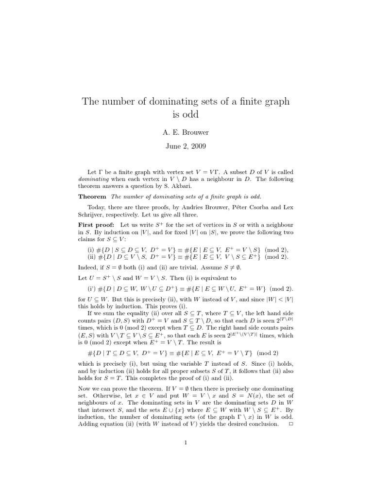 The Number of Dominating Sets of A Finite Graph Is Odd: A. E. Brouwer June 2, 2009 | PDF | Space ...