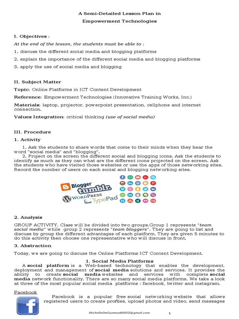 Semi-Detailed Lesson Plan Empowerment Technologies | PDF | Facebook ...
