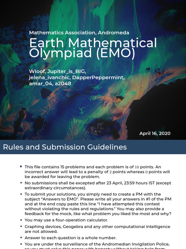 Earth Mathematical Olympiad (EMO) : Mathematics Association, Andromeda ...