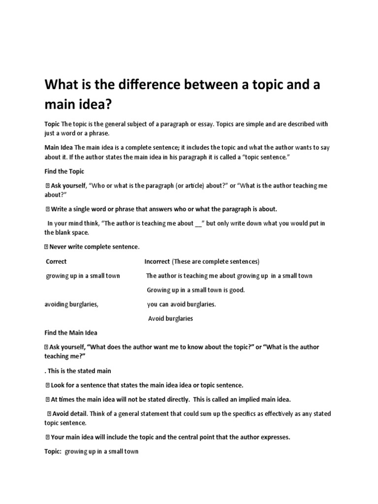 What Is The Difference Between A Topic and A Main Idea | PDF | Idea ...