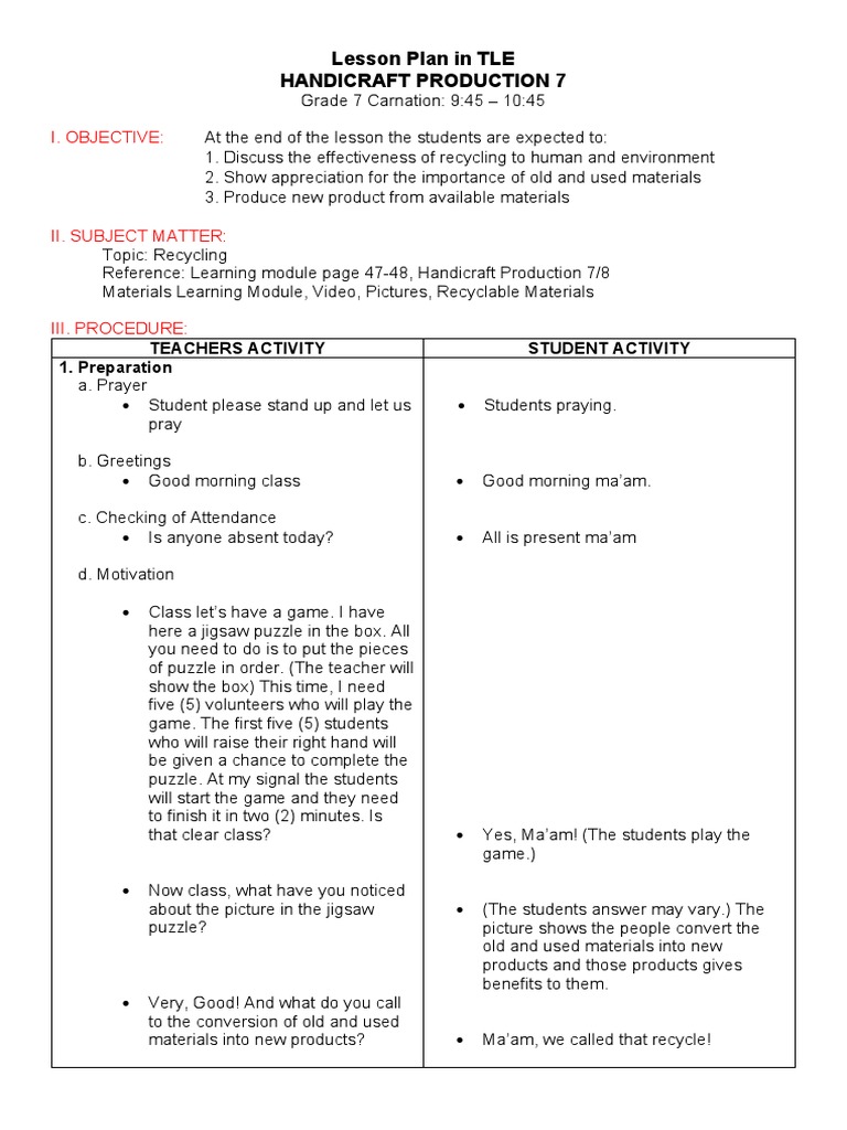 Lesson Plan 7 Handicraft Production | PDF | Recycling | Lesson Plan