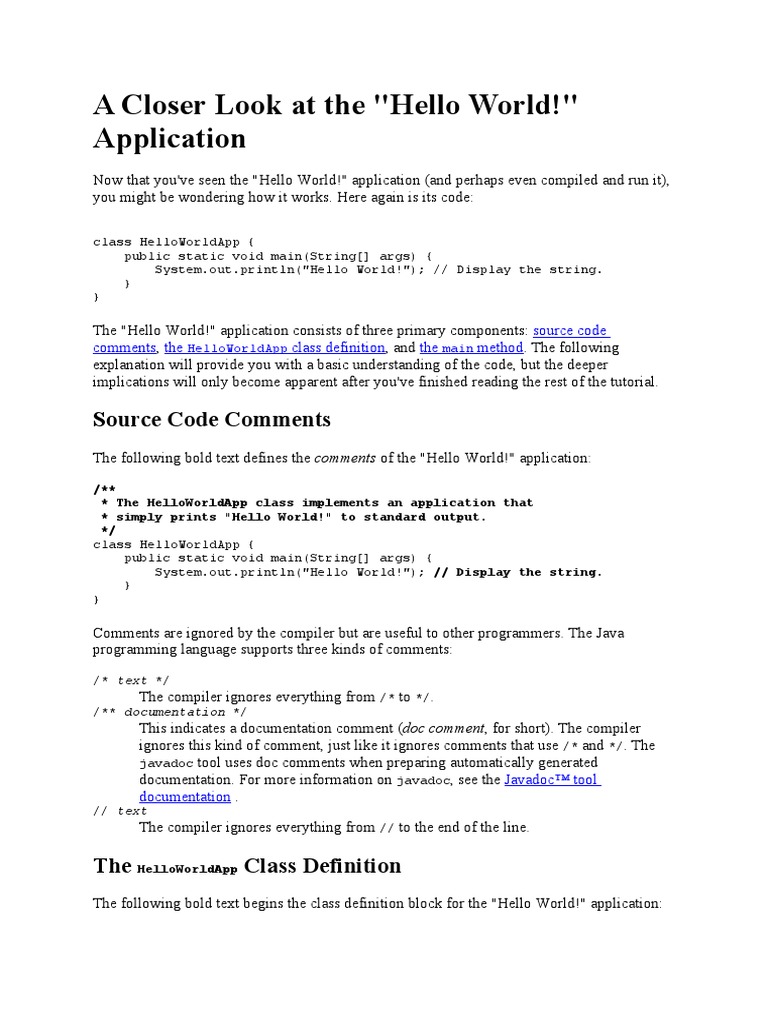 A Closer Look at The Hello World Application | PDF | Class (Computer ...