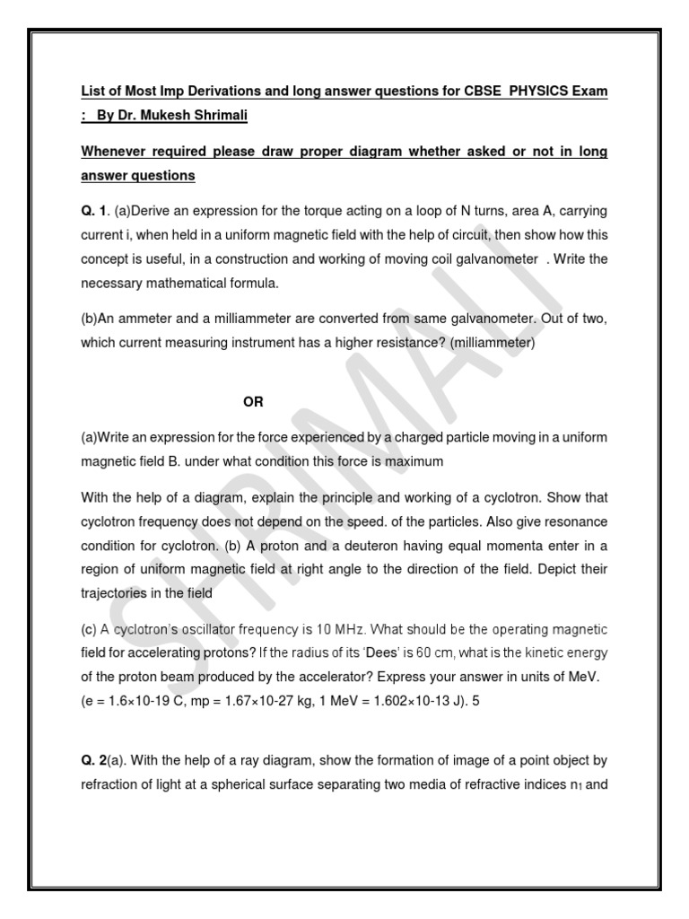 List of Most Imp Derivation and Long Answer Questions in Physics 1 | PDF | Electromagnetic ...