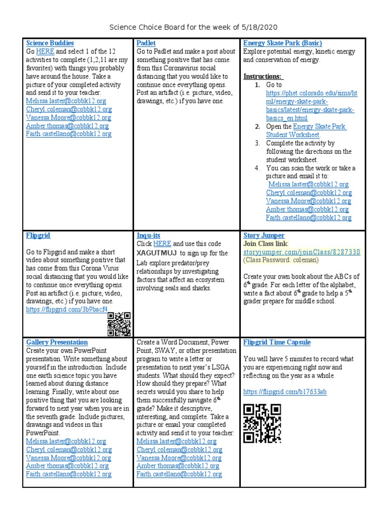 Science Activities Choice Board 5/18/2020 | PDF | Learning