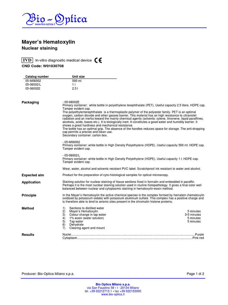 Mayer's Hematoxylin: Nuclear Staining | PDF | Staining | Polyethylene