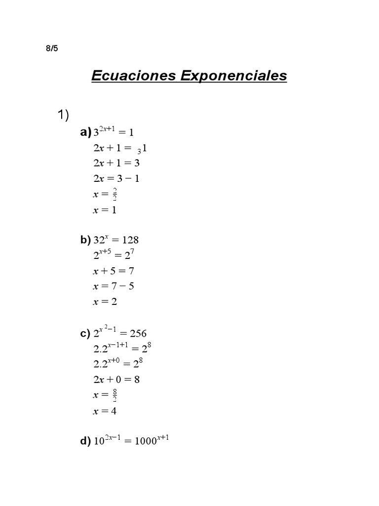 Ecuaciones Exponenciales (Ejercicios Resueltos) | PDF