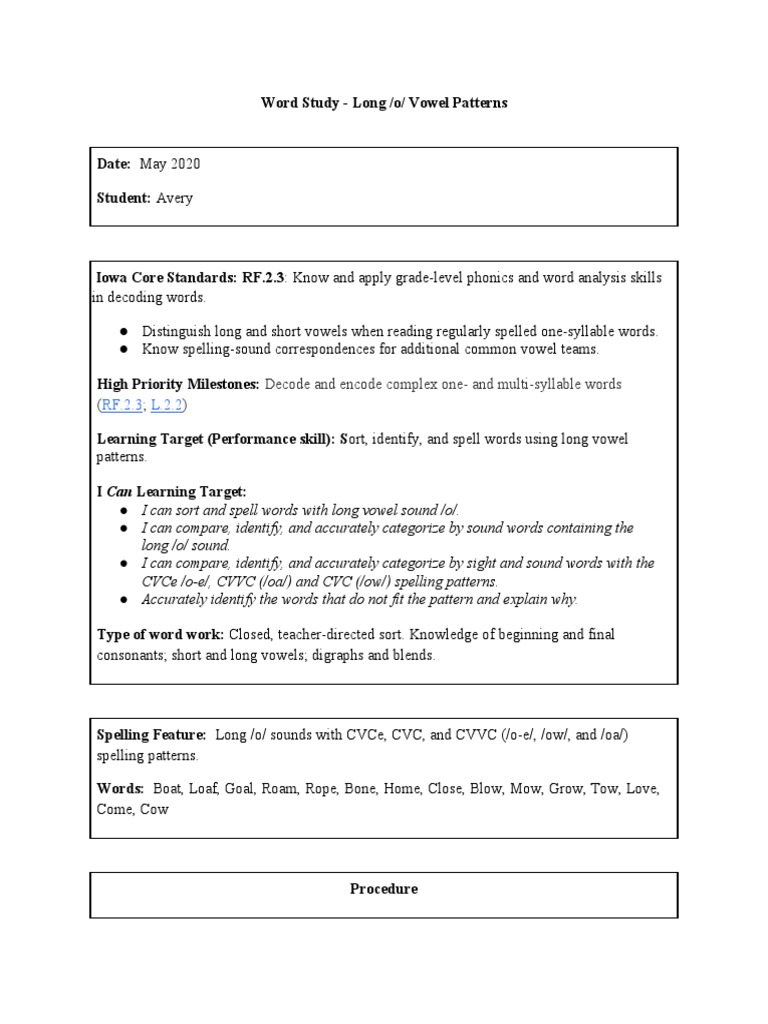 Long /o/ Vowel Patterns for Kids | PDF | Phonics | Cognitive Science