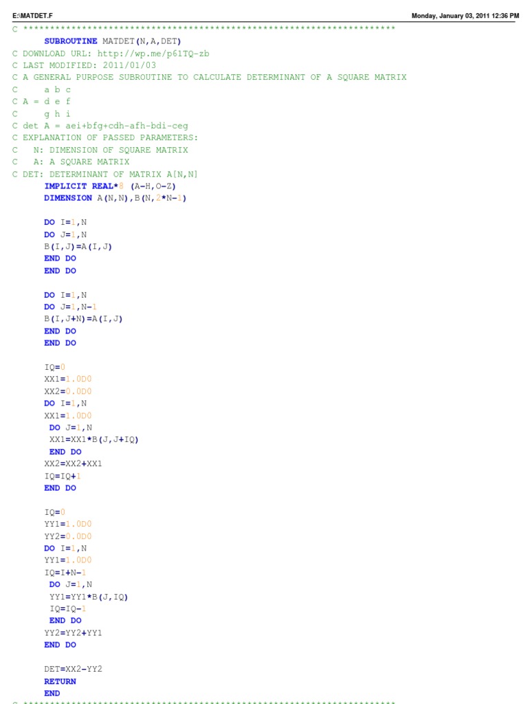 Fortran77 Subroutine To Calculate Matrix Determinant