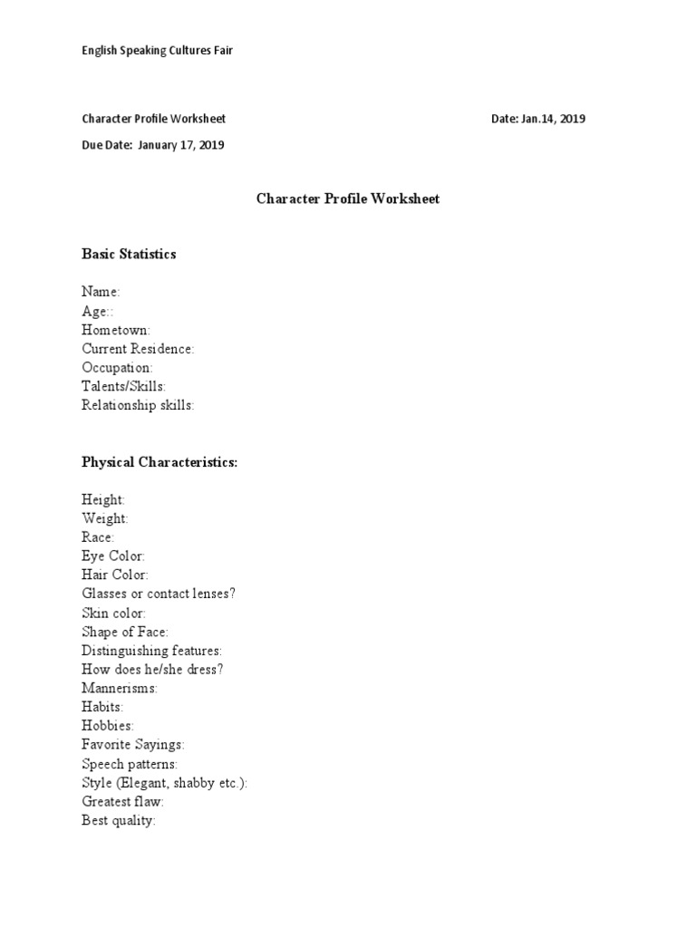 Character Profile Worksheet PDF