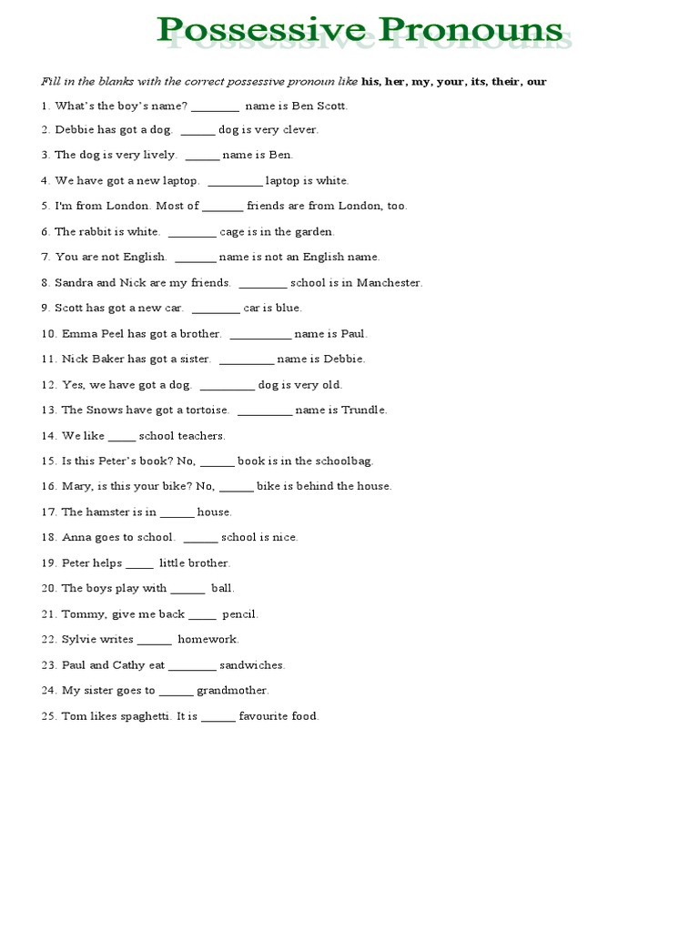 Fill in The Blanks With The Correct Possessive Pronoun Like His, Her ...