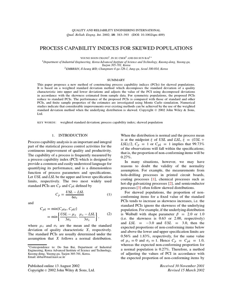 Process Capability Indices For Skewed Populations Pdf Skewness Normal Distribution