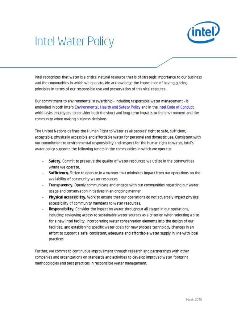 Intel Water Policy: Environmental, Health and Safety Policy Intel Code ...