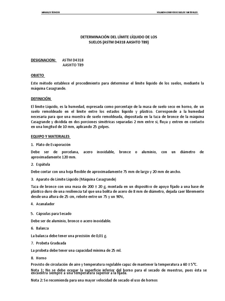 Determinación Límite Líquido (ASTM D4318 AASHTO T89) | PDF ...