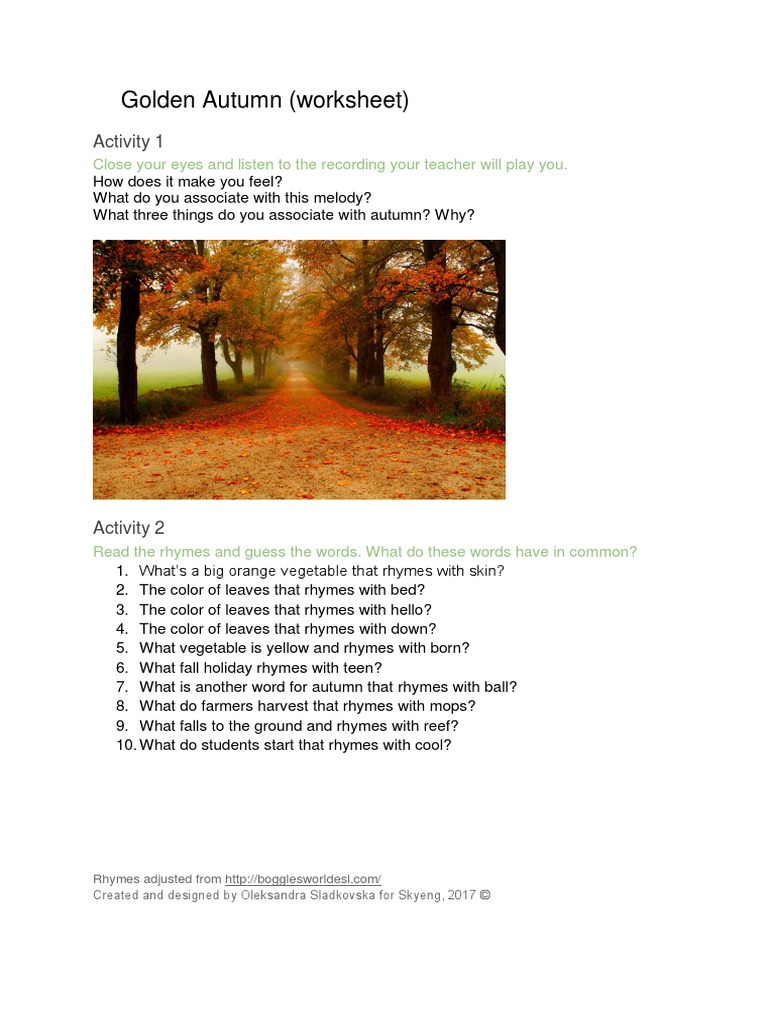 Golden Autumn (Worksheet) : Activity 1 | PDF | Autumn | Foods
