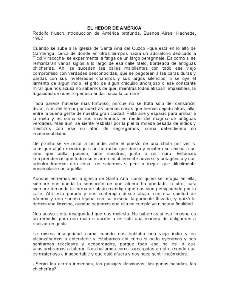 EL HEDOR DE AMERICA. Rodolfo Kusch | PDF | Temor | Ira