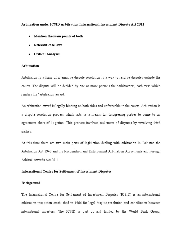 Analysis of Arbitration under the International Centre for Settlement ...