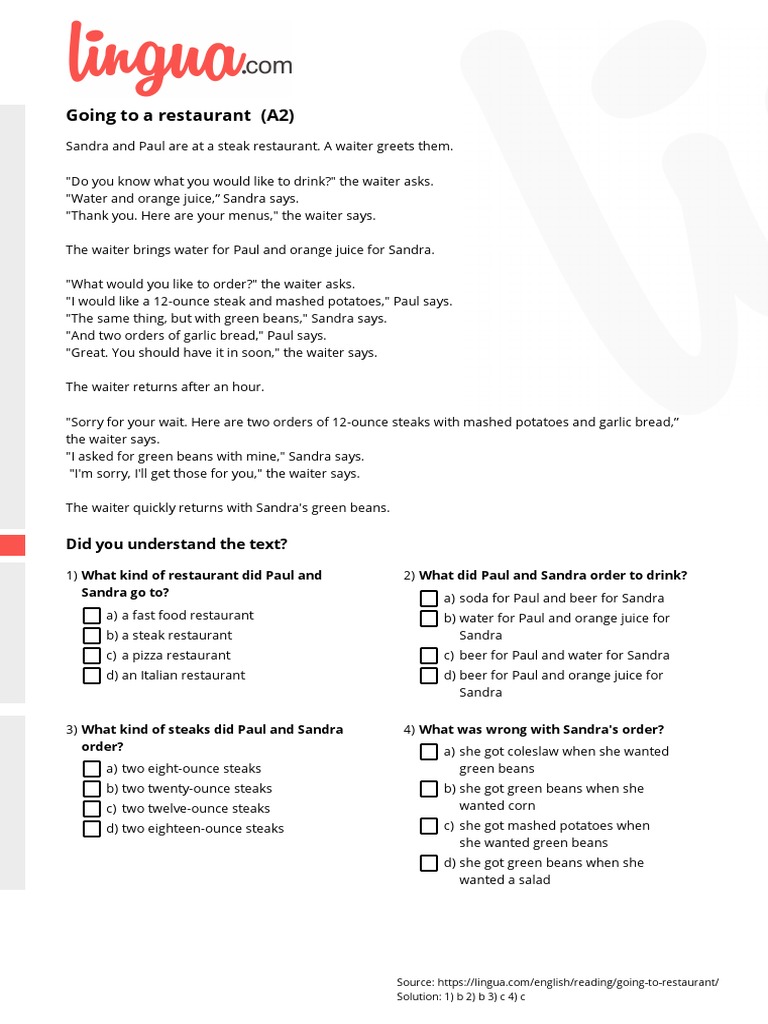 Going To A Restaurant (A2) : Did You Understand The Text? | PDF ...