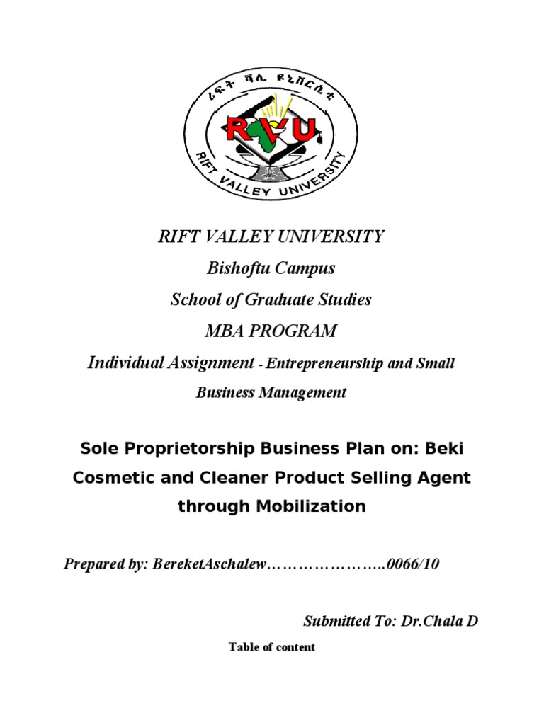 Rift Valley University Bishoftu Campus School of Graduate Studies Mba Program Individual ...