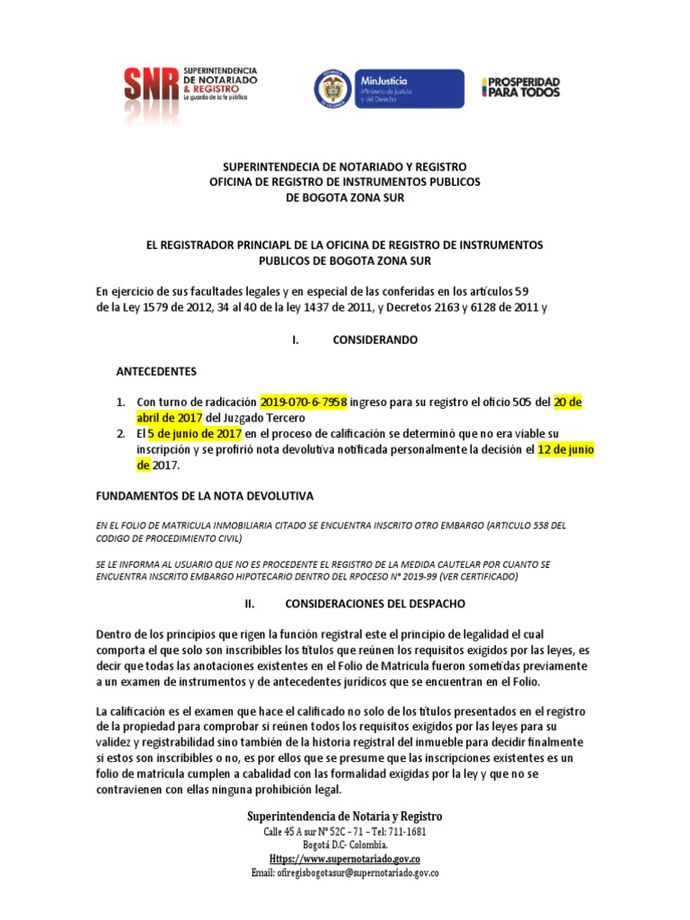 Nota Devolutiva Orip | PDF | Hipoteca Comercial | Finanzas y dinero
