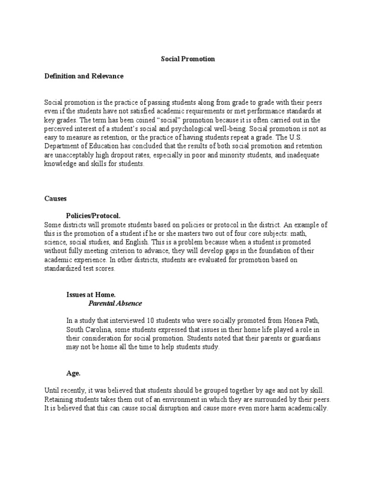 Social Promotion Definition and Relevance: Parental Absence | PDF ...