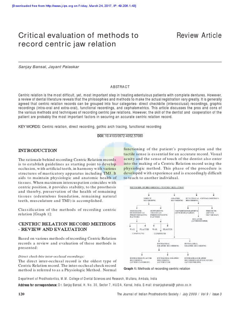 Critical Evaluation of Methods To Record Centric Jaw Relation | PDF ...