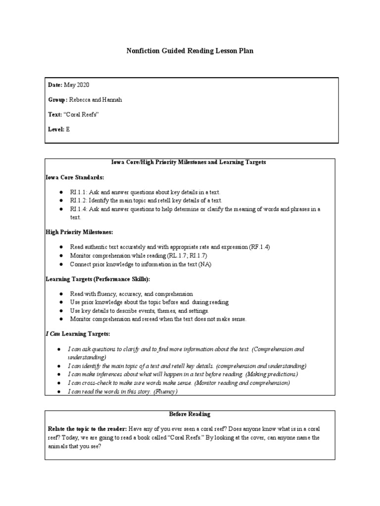 Nonfiction Guided Reading Lesson Plan | PDF | Coral Reef | Reading ...