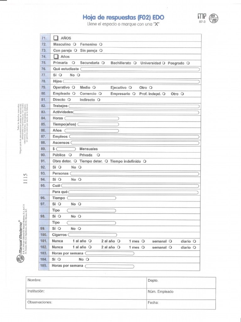 Hoja Respuesta, Calificación, Formato Perfil EDO Burnout | PDF