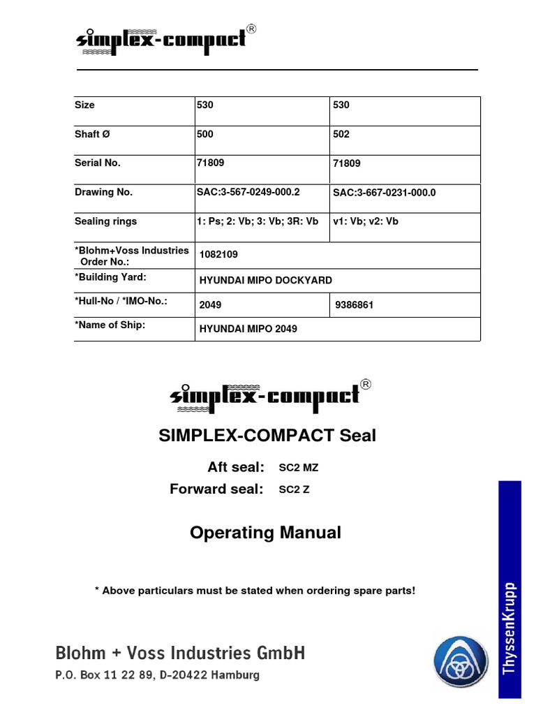Operating Instructions, 1082109, SIMPLEX-COMPACT Seals PDF | PDF ...