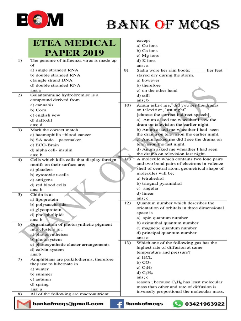 Bank F MCQS: Etea Medical PAPER 2019 | PDF | Skull | Ion