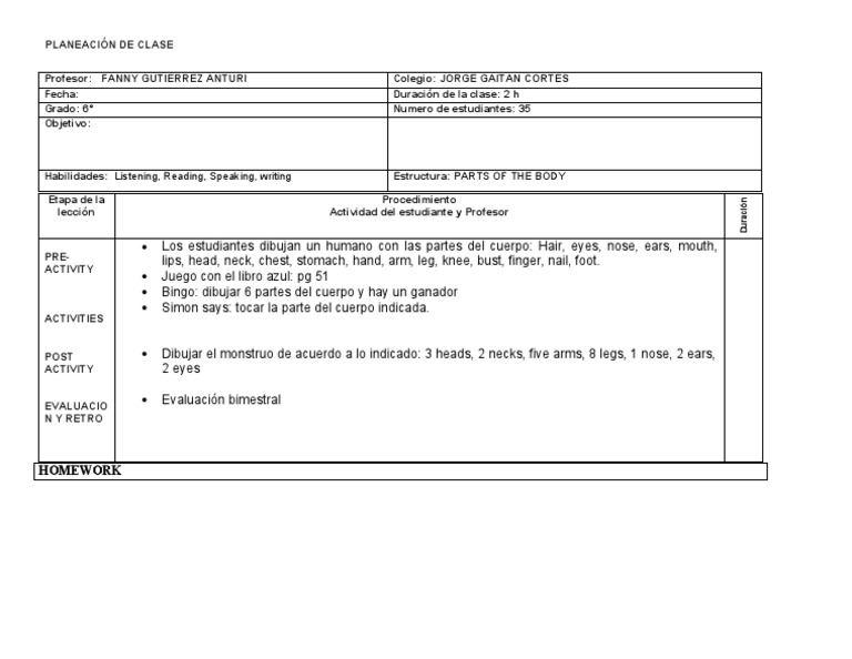 Lesson Plan Parts of The Body | PDF