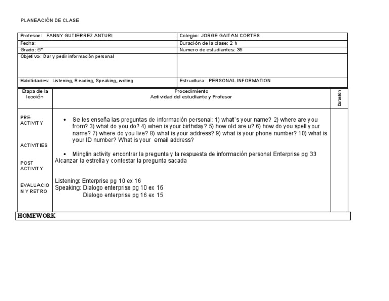Lesson Plan Personal Information | PDF | Crecimiento personal y profesional