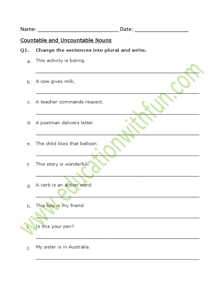 Countable and Uncountable Nouns Worksheet 1 | PDF