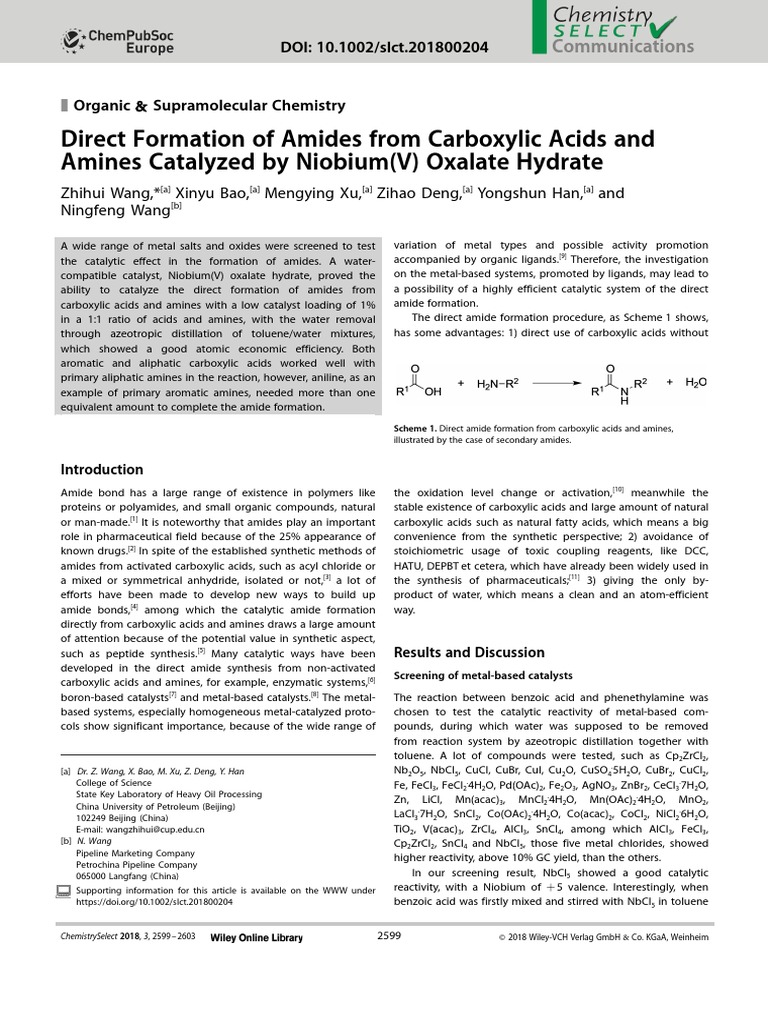 Direct Formation of Amides From Carboxylic Acids and Amines Catalyzed by Niobium (V) Oxalate ...