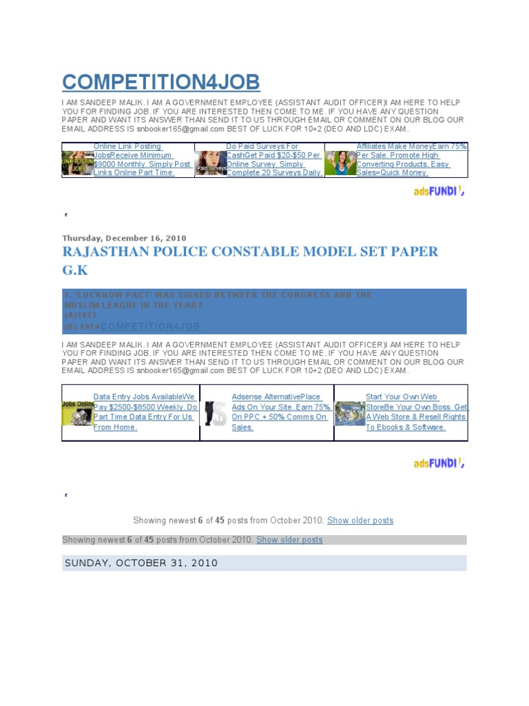 Competition4Job: Rajasthan Police Constable Model Set Paper G.K | PDF ...