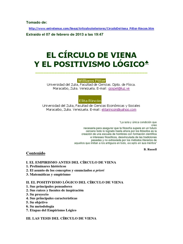 Positivismo Lógico PDF | PDF | Empirismo | Proposición